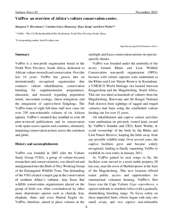 (PDF) VulPro: an overview of Africa’s vulture conservation centre