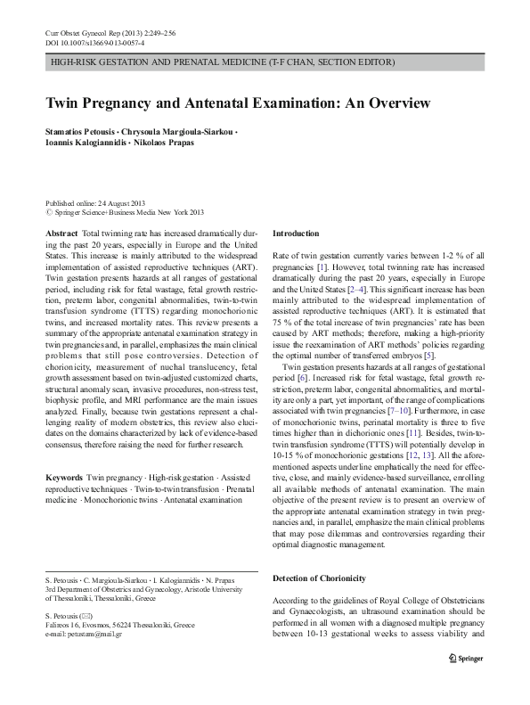 (PDF) Twin Pregnancy and Antenatal Examination: An Overview