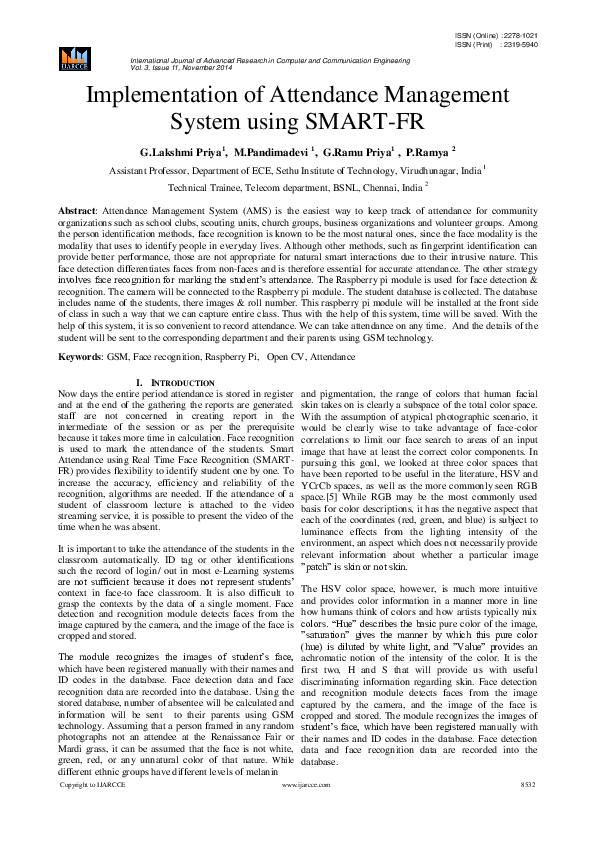 (PDF) Implementation of Attendance Management System using SMART-FR