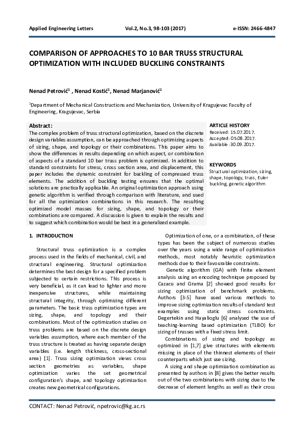 (PDF) Comparison of Approaches to 10 Bar Truss Structural Optimization with Included Buckling ...