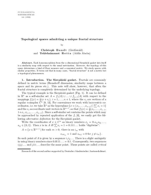 (PDF) Topological spaces admitting a unique fractal structure