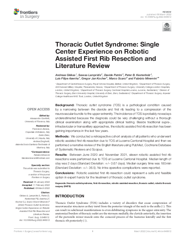 (PDF) Thoracic Outlet Syndrome: Single Center Experience on Robotic ...