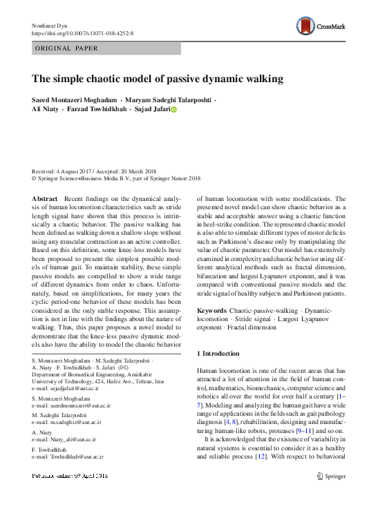 (PDF) The simple chaotic model of passive dynamic walking