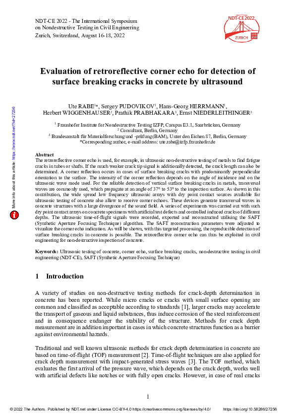 Pdf Evaluation Of Retroreflective Corner Echo For Detection Of Surface Breaking Cracks In