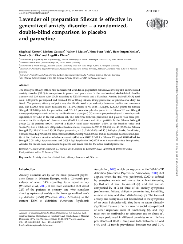 (PDF) Lavender oil preparation Silexan is effective in generalized ...