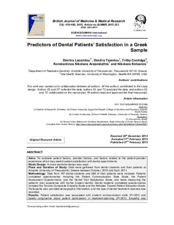 (PDF) Predictors of Dental Patients’ Satisfaction in a Greek Sample ...