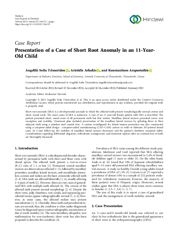 (PDF) Presentation of a Case of Short Root Anomaly in an 11-Year-Old ...