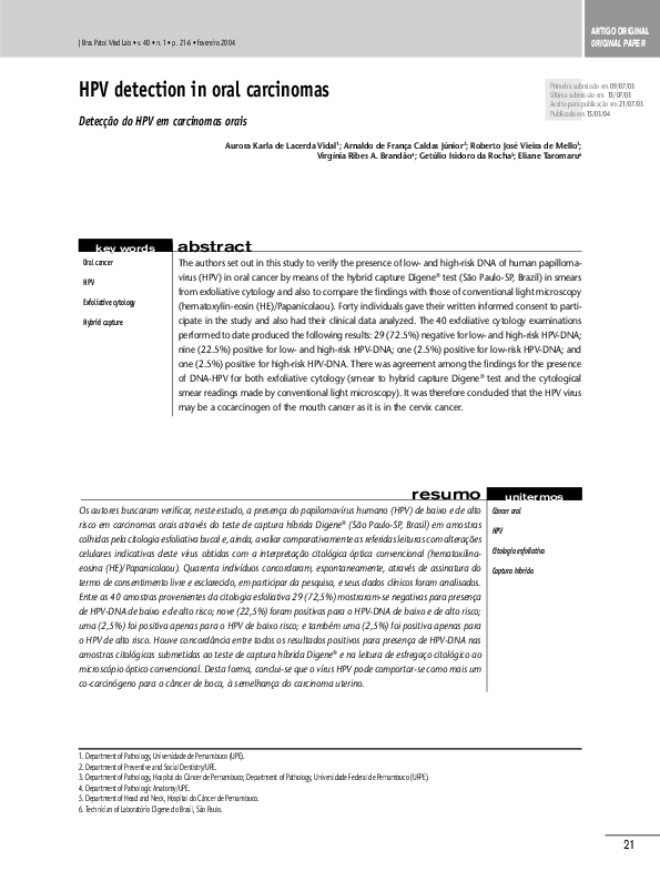 (PDF) HPV detection in oral carcinomas