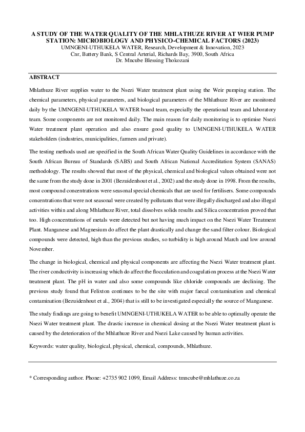 (PDF) A STUDY OF THE WATER QUALITY OF THE MHLATHUZE RIVER AT WIER PUMP ...