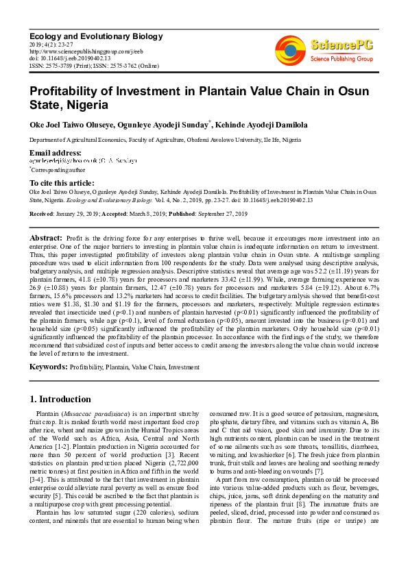 (PDF) Profitability of Investment in Plantain Value Chain in Osun State ...