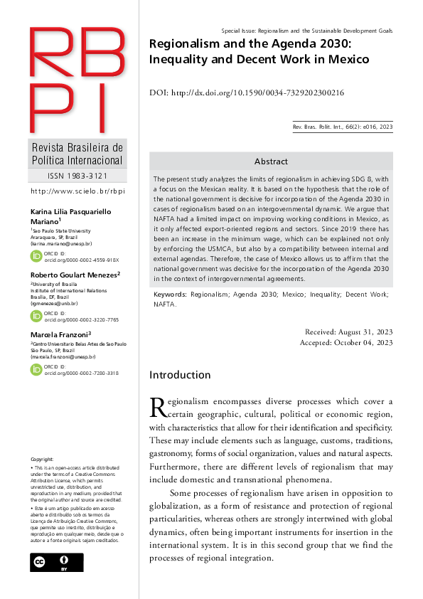 (PDF) Regionalism and the Agenda 2030: Inequality and Decent Work in Mexico