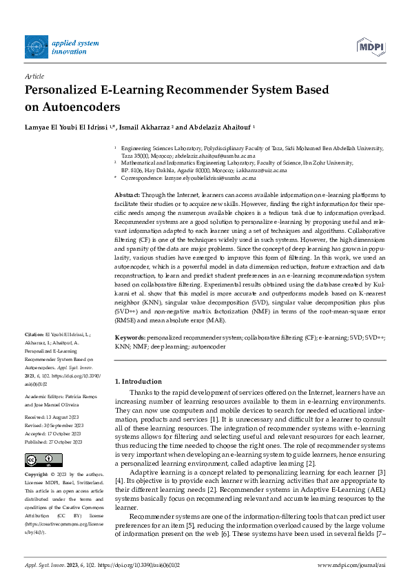 (PDF) Personalized E-Learning Recommender System Based on Autoencoders