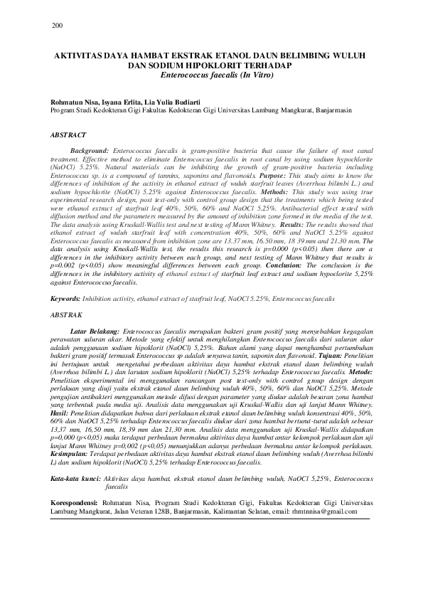 (PDF) AKTIVITAS DAYA HAMBAT EKSTRAK ETANOL DAUN BELIMBING WULUH DAN SODIUM HIPOKLORIT TERHADAP ...