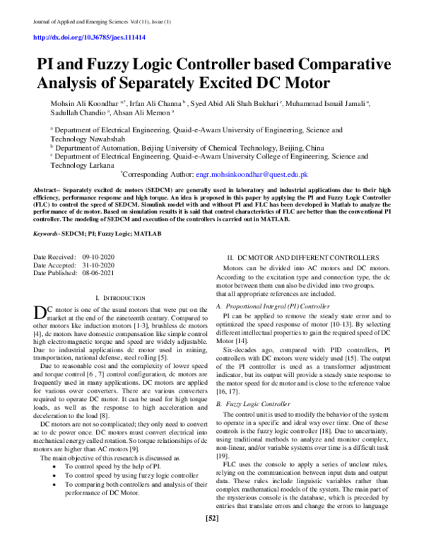 (PDF) PI and Fuzzy Logic Controller based Comparative Analysis of Separately Excited DC Motor