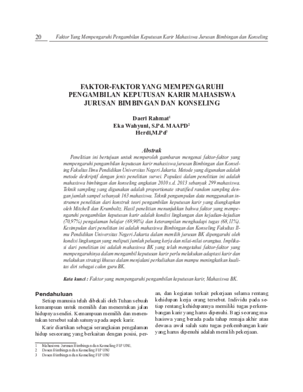 (PDF) Faktor-Faktor Yang Mempengaruhi Pengambilan Keputusan Karir Mahasiswa Jurusan Bimbingan ...