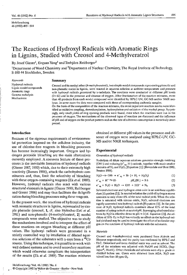 (PDF) The Reactions of Hydroxyl Radicals with Aromatic Rings in Lignins ...