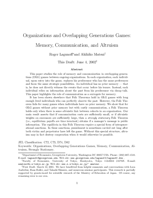 (PDF) Organizations and Overlapping Generations Games: Memory ...