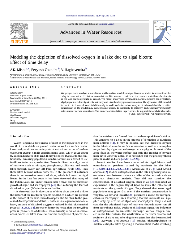 (PDF) Modeling the depletion of dissolved oxygen in a lake due to algal bloom: Effect of time delay