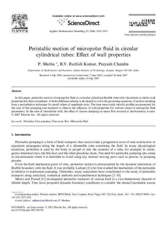 (PDF) Peristaltic motion of micropolar fluid in circular cylindrical ...