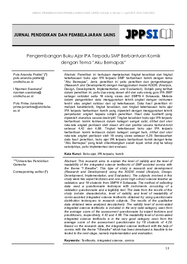 (PDF) Pengembangan Buku Ajar Ipa Terpadu SMP Berbantuan Komik Dengan Tema ”Aku Bernapas”