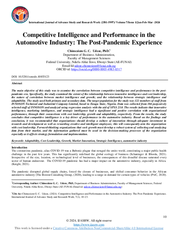 (PDF) Competitive Intelligence and Performance in the Automotive Industry: The Post-Pandemic ...