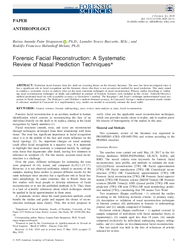 Pdf Forensic Facial Reconstruction A Systematic Review Of Nasal