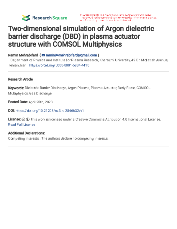 (PDF) Two-dimensional simulation of Argon dielectric barrier discharge ...