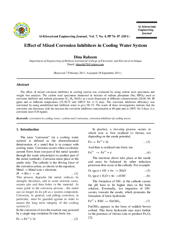 (PDF) Effect of Mixed Corrosion Inhibitors in Cooling Water System