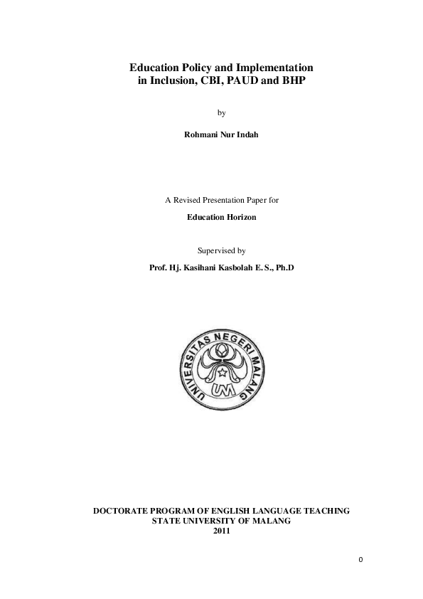 (PDF) Education Policy and Implementation in Inclusion, CBI, PAUD and BHP