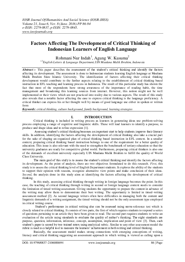 (PDF) Factors Affecting the Development of Critical Thinking of ...