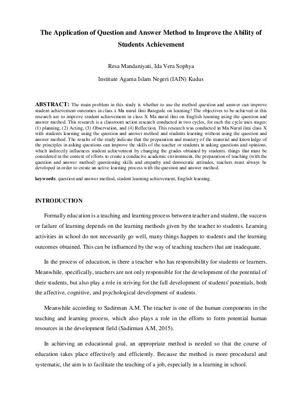 (PDF) The Application of Question and Answer Method to Improve the ...