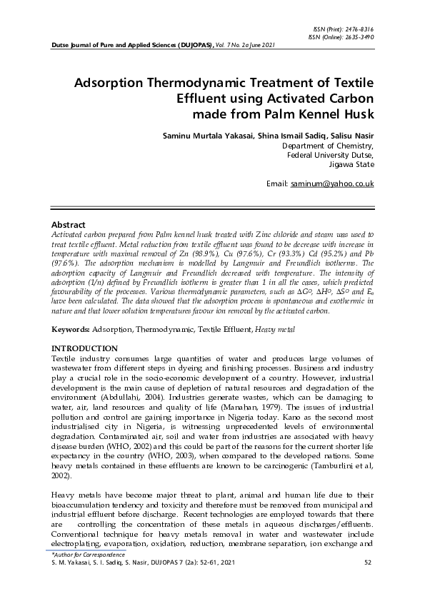 (PDF) Adsorption Thermodynamic Treatment of Textile Effluent using Activated Carbon made from ...
