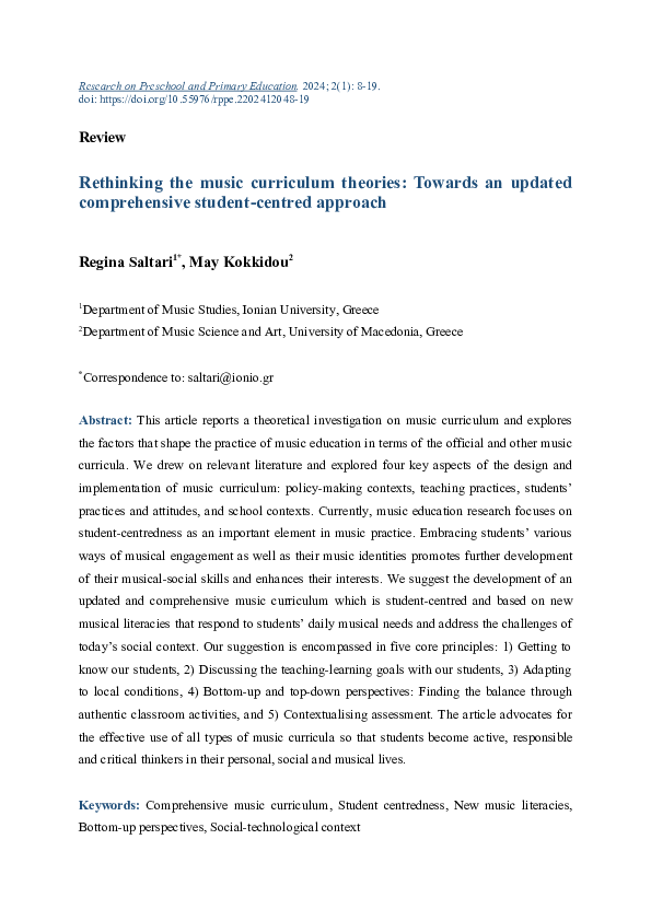 (DOC) Rethinking the music curriculum theories: Towards an updated comprehensive student-centred ...