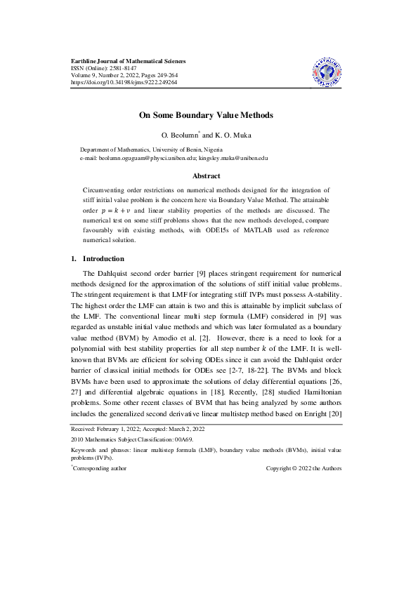 (PDF) On Some Boundary Value Methods