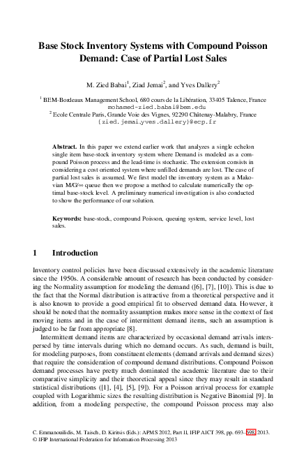 (PDF) Base Stock Inventory Systems with Compound Poisson Demand: Case ...