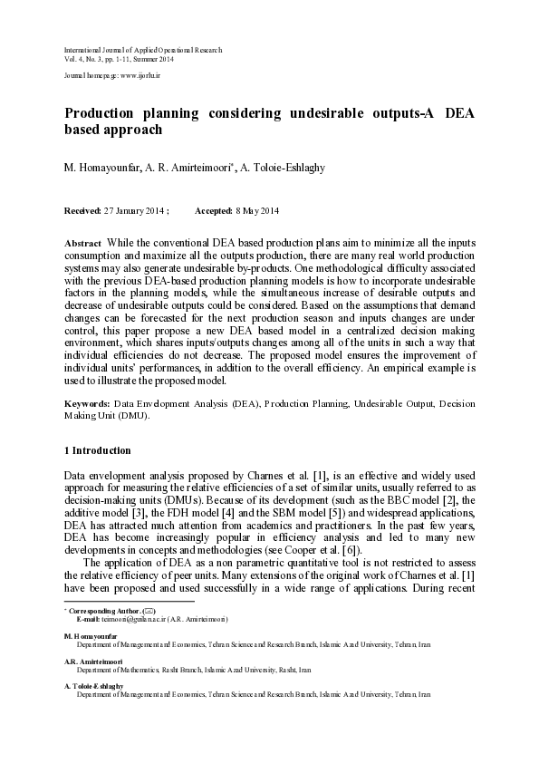 (PDF) Production planning considering undesirable outputs-A DEA based approach
