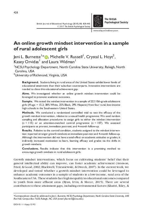 (PDF) An online growth mindset intervention in a sample of rural ...