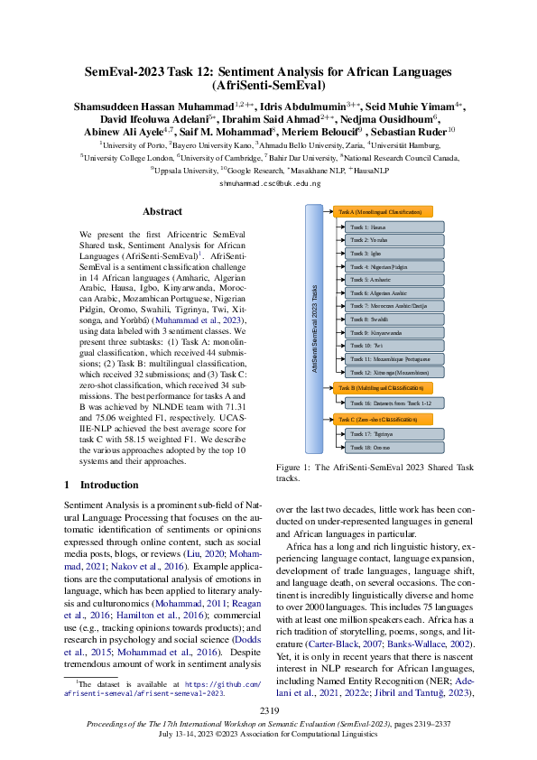(PDF) SemEval-2023 Task 12: Sentiment Analysis for African Languages (AfriSenti-SemEval) | Seid ...