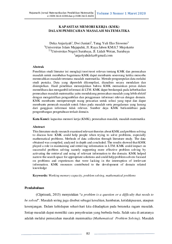 (PDF) Kapasitas Memori Kerja (KMK) dalam Pemecahan Masalah Matematika