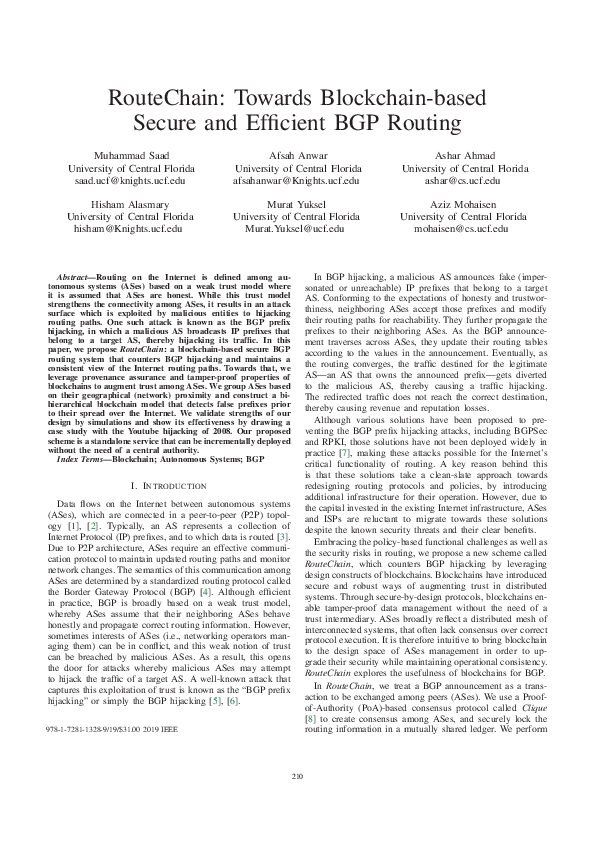 Pdf Routechain Towards Blockchain Based Secure And Efficient Bgp Routing