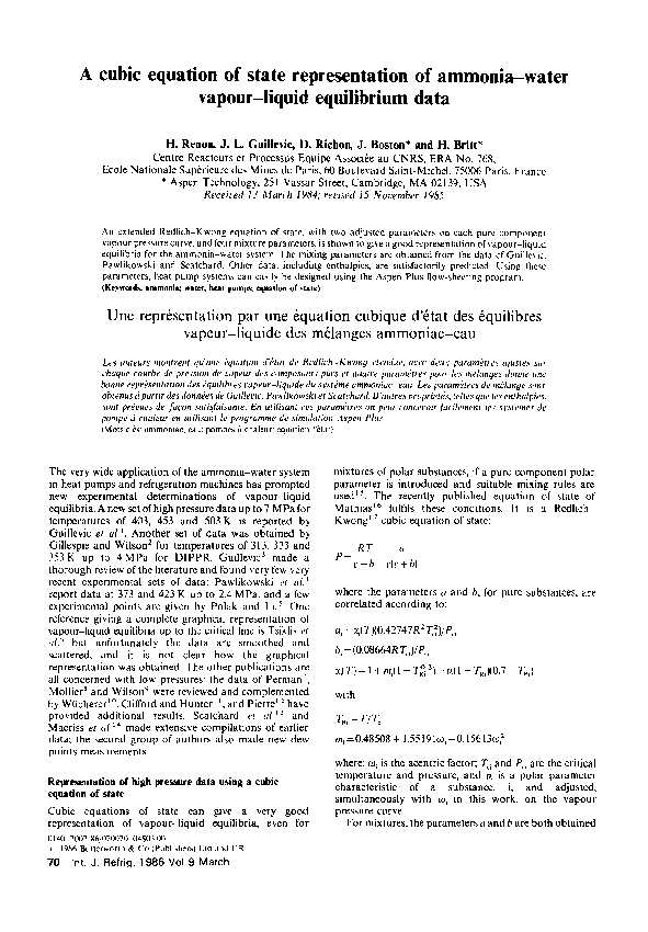 (PDF) A cubic equation of state representation of ammonia—water vapour ...