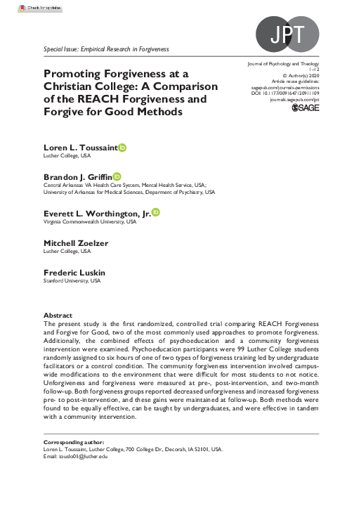 (PDF) Promoting Forgiveness at a Christian College: A Comparison of the ...