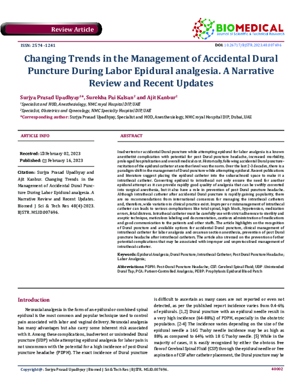 (PDF) Changing Trends in the Management of Accidental Dural Puncture ...