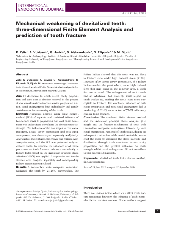 (PDF) Mechanical weakening of devitalized teeth: three-dimensional ...