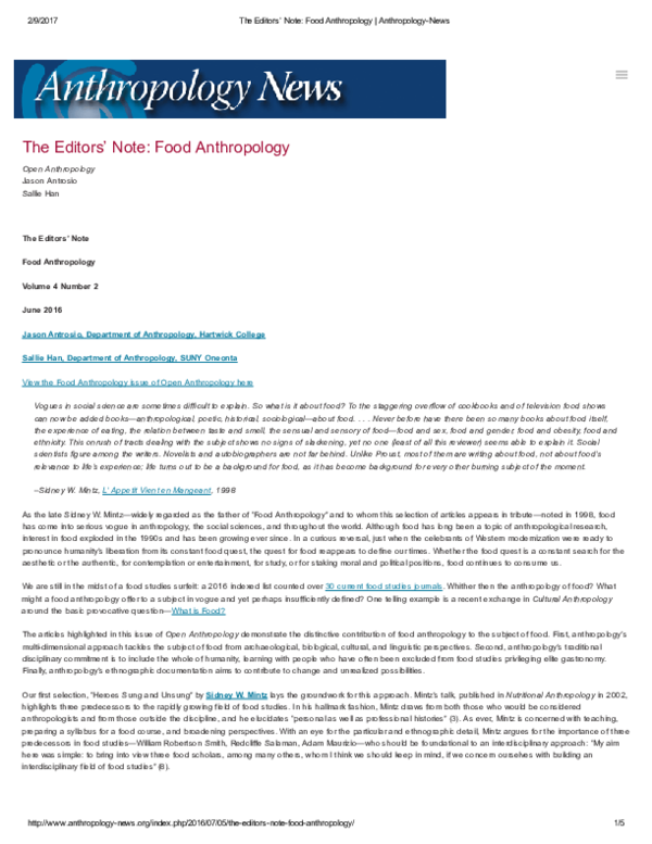 (PDF) Open Anthropology: The Editor's Note: Food Anthropology