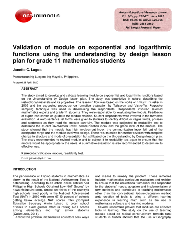 Pdf Validation Of Module On Exponential And Logarithmic Functions