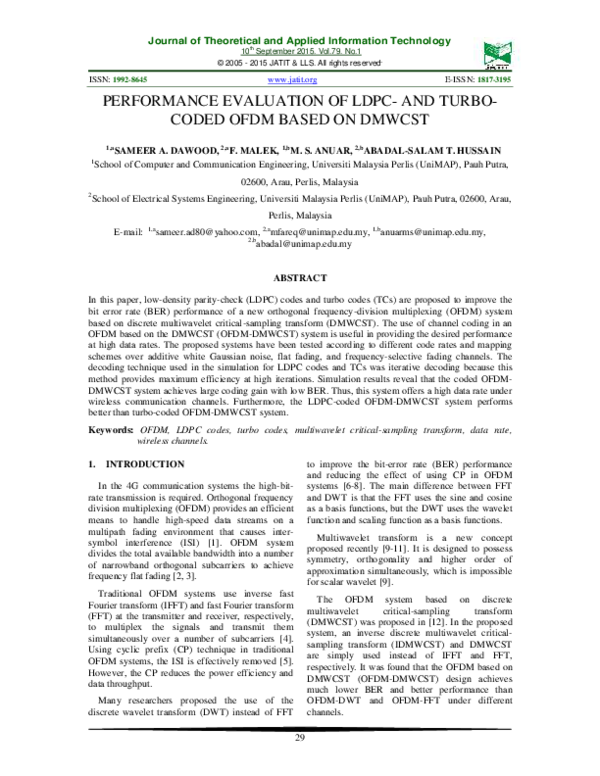 Pdf Performance Evaluation Of Ldpc And Turbo Coded Ofdm Based On
