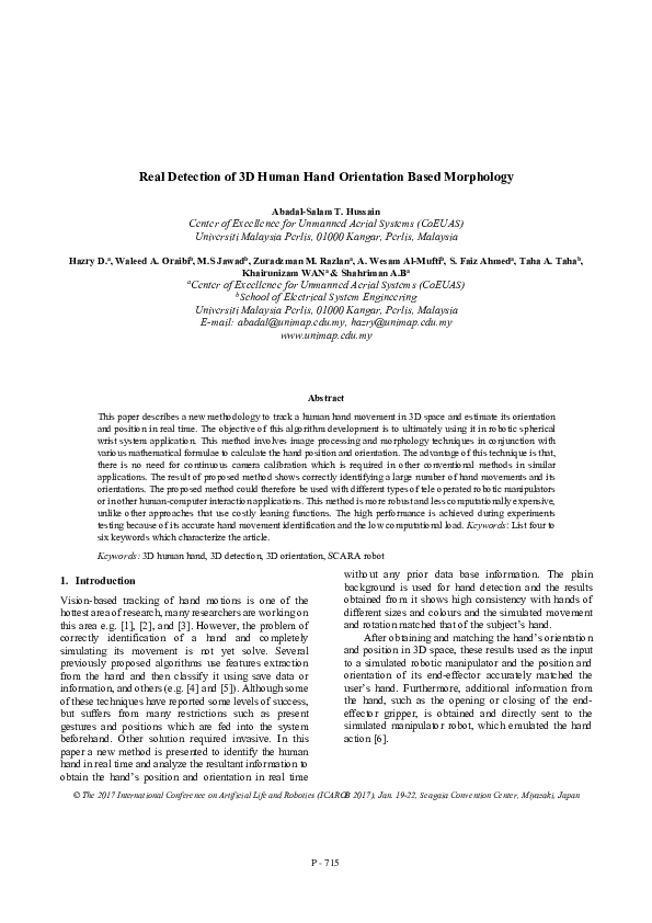 (PDF) Real Detection of 3D Human Hand Orientation Based Morphology