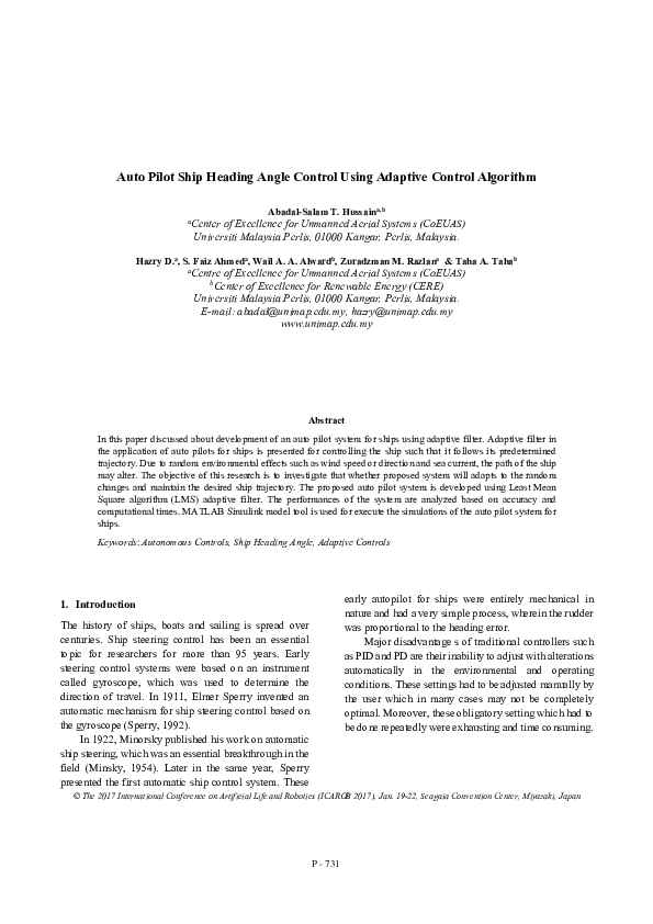 Pdf Auto Pilot Ship Heading Angle Control Using Adaptive Control Algorithm