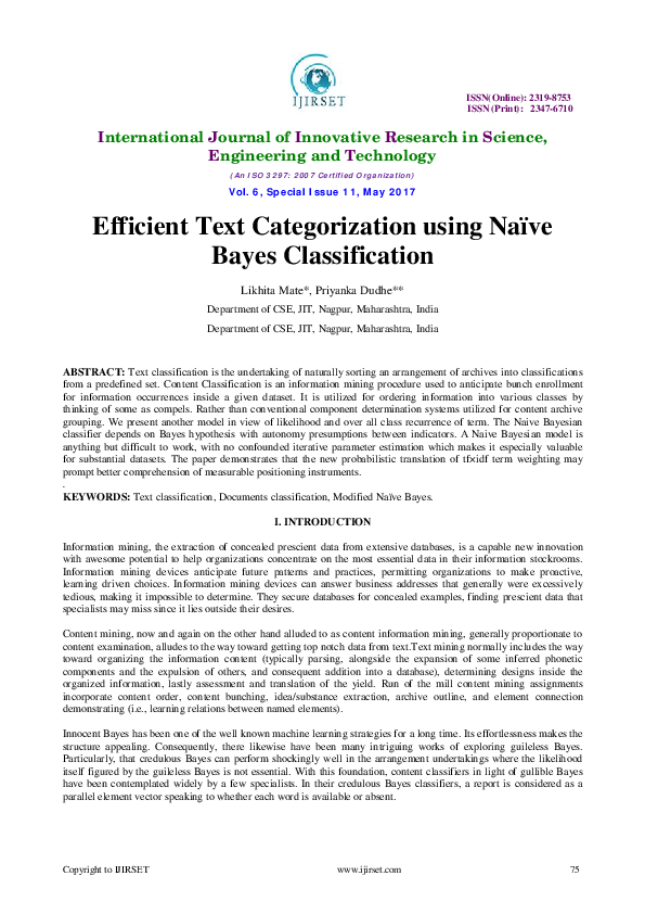 Pdf Efficient Text Categorization Using Naïve Bayes Classification